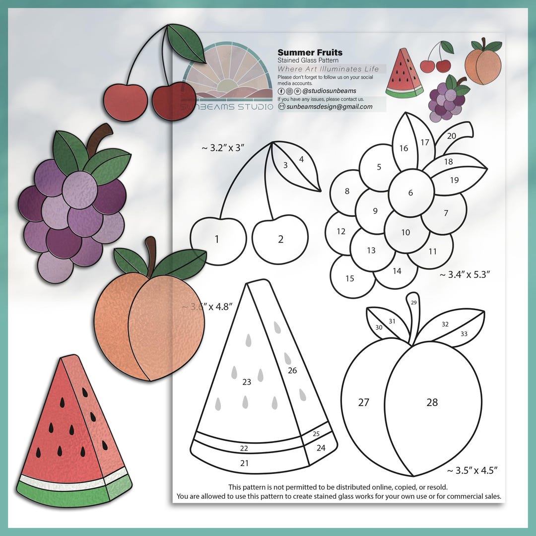 Summer Fruits Stained Glass Pattern: Cherry, Grape, Peach (PDF/JPEG) - Etsy