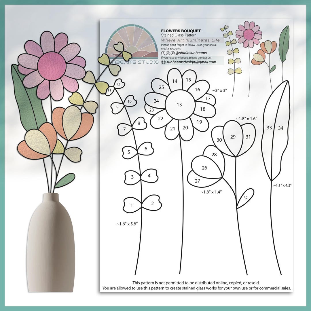 Flowers Bouquet Stained Glass Pattern, Jerbera, Melilotus, Leaf, Crocus Pattern, Wild Flowers ...