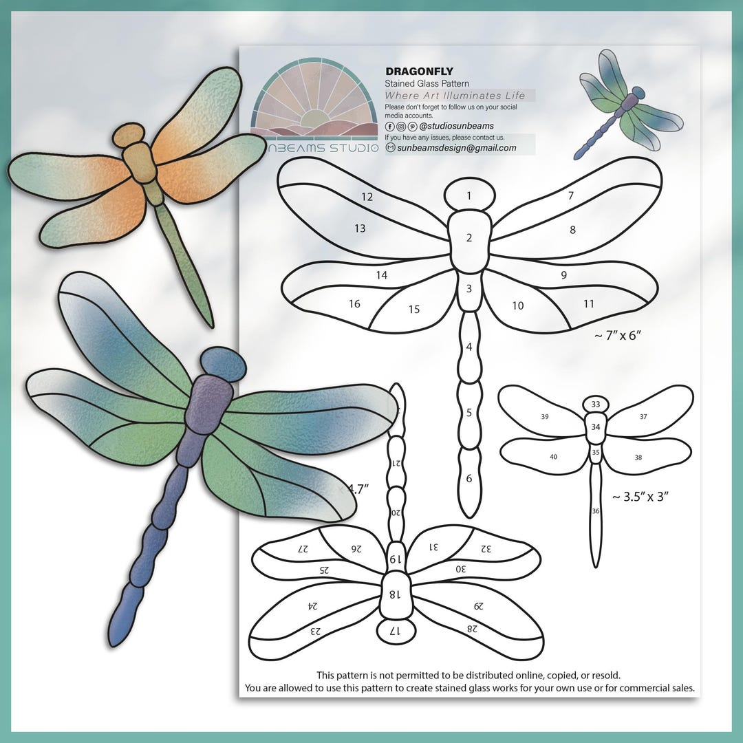 3 Size Dragonfly Stained Glass Pattern, Modern Suncatcher, Diy Stained ...