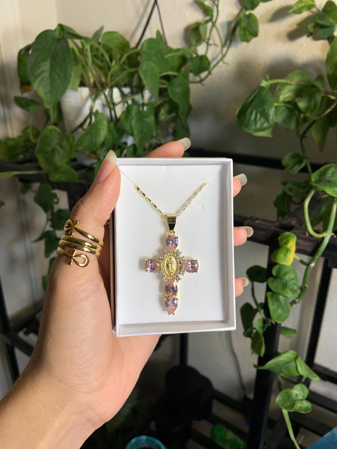 Gold Plated Virgin Mary Cross Necklace With Pink Quartz - Etsy