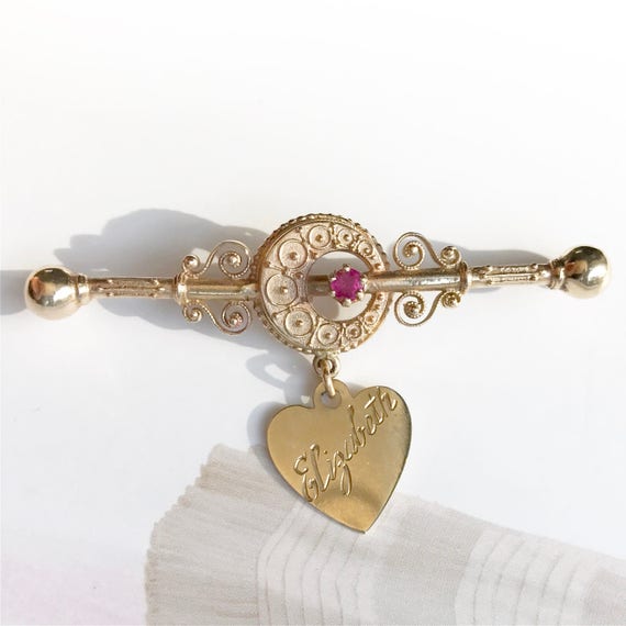 Antique 14k Gold Ruby Moon Heart Brooch Victorian & | Etsy