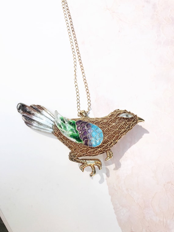 Vintage Chinese Export Bird Pendant: Enamel Filigree … - Gem