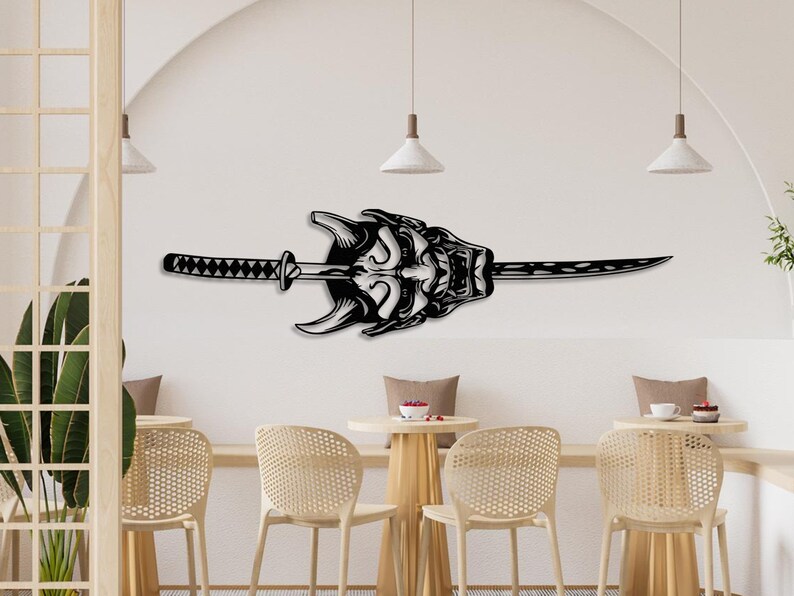 Decorative Katana, Oni Mask, Metal Wall Art, Modern Japanese Decor ...