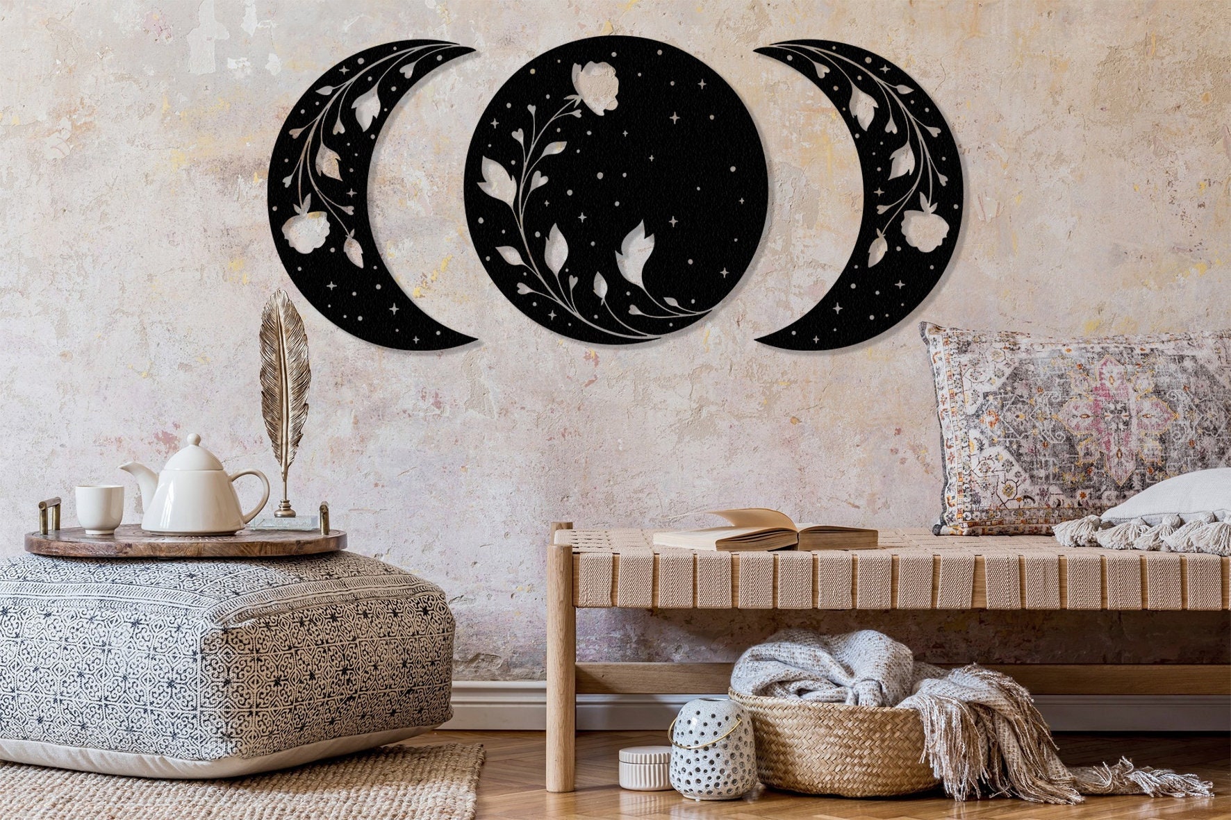 Moon Phases Metal Wall Art, Metal Ramadan Moon, 3 Piece Moon, Floral ...