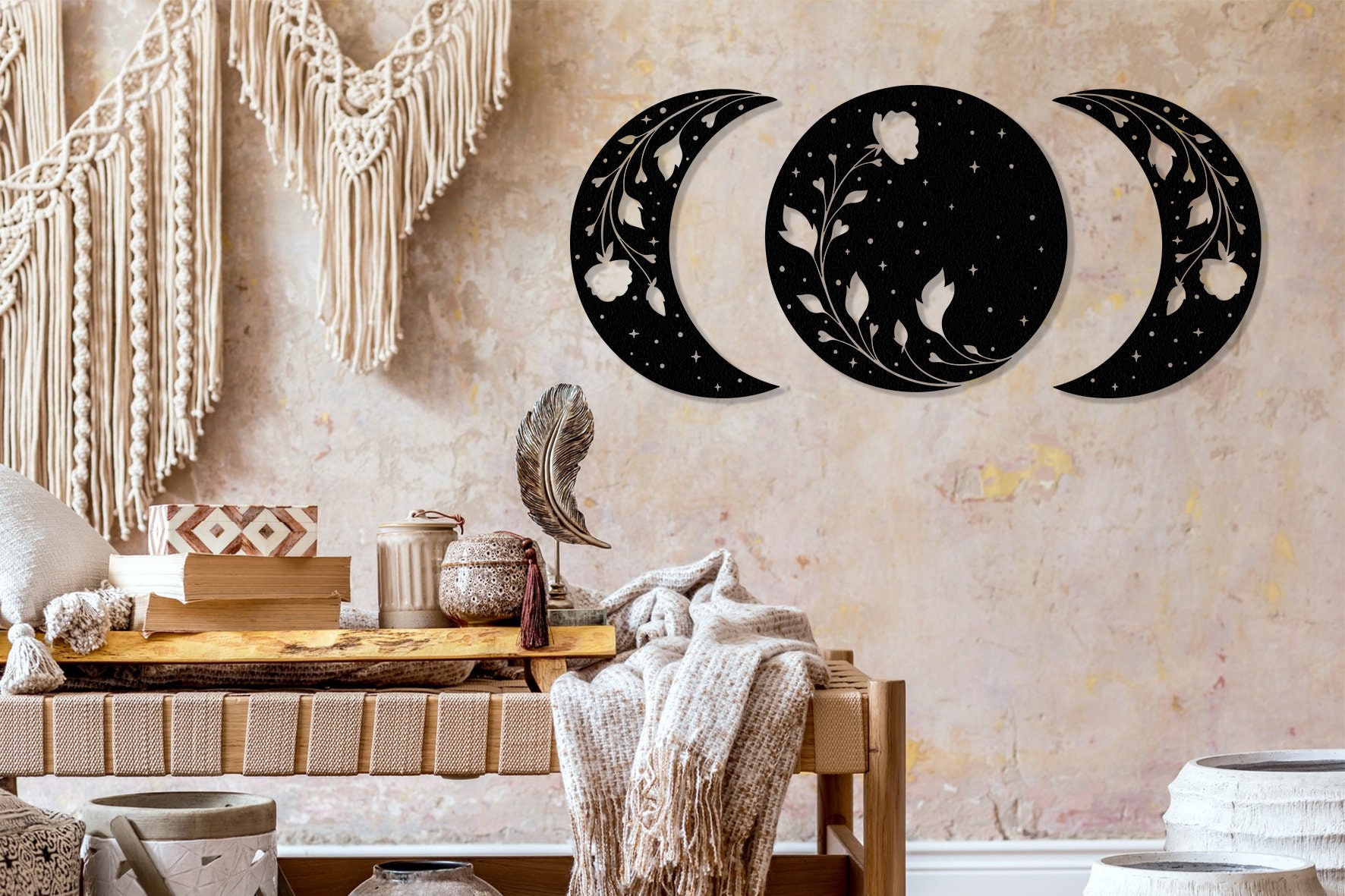 Moon Phases Metal Wall Art, Metal Ramadan Moon, 3 Piece Moon, Floral ...