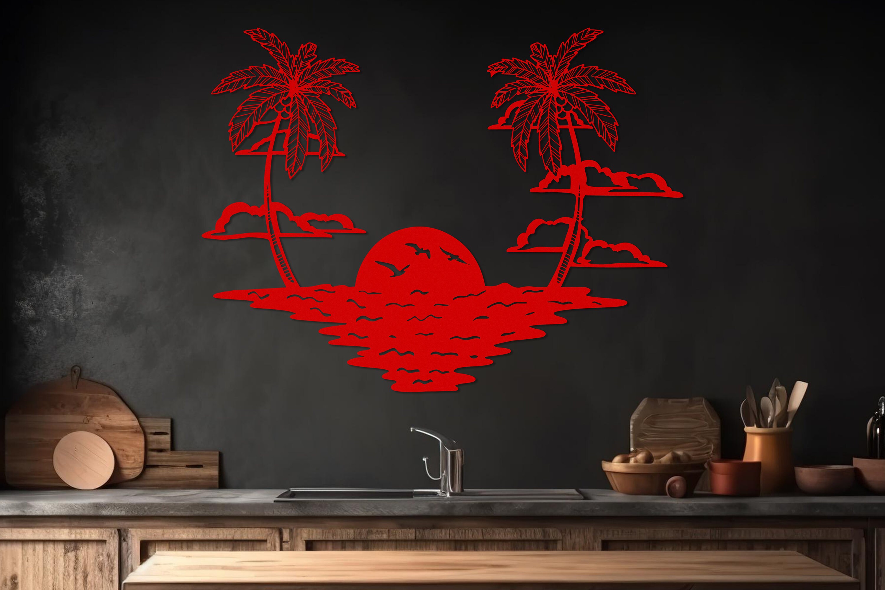 Palm With Sun Metal Wall Art, Metal Landscape Decor, Sea Wave Art ...