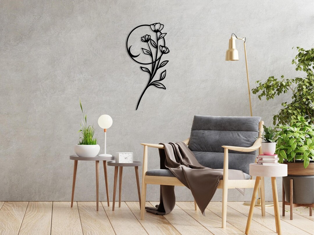 Flower With Moon Metal Line Art, Poppy Flower Decor for Home, Blossom ...