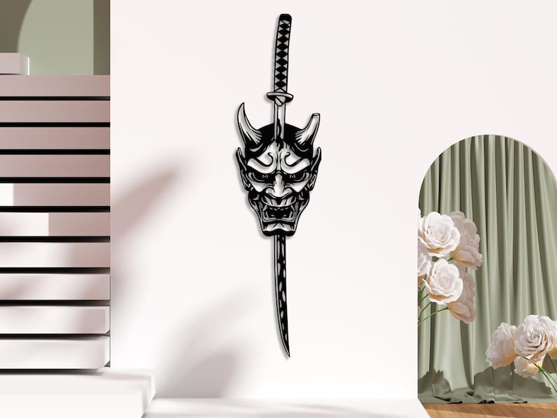 Decorative Katana, Oni Mask, Metal Wall Art, Modern Japanese Decor ...