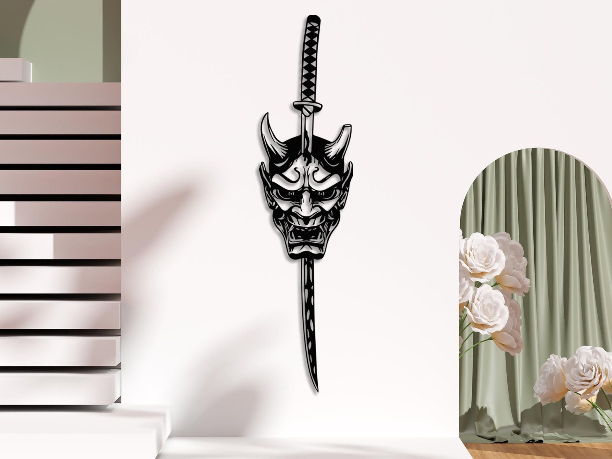 Decorative Katana, Oni Mask, Metal Wall Art, Modern Japanese Decor ...