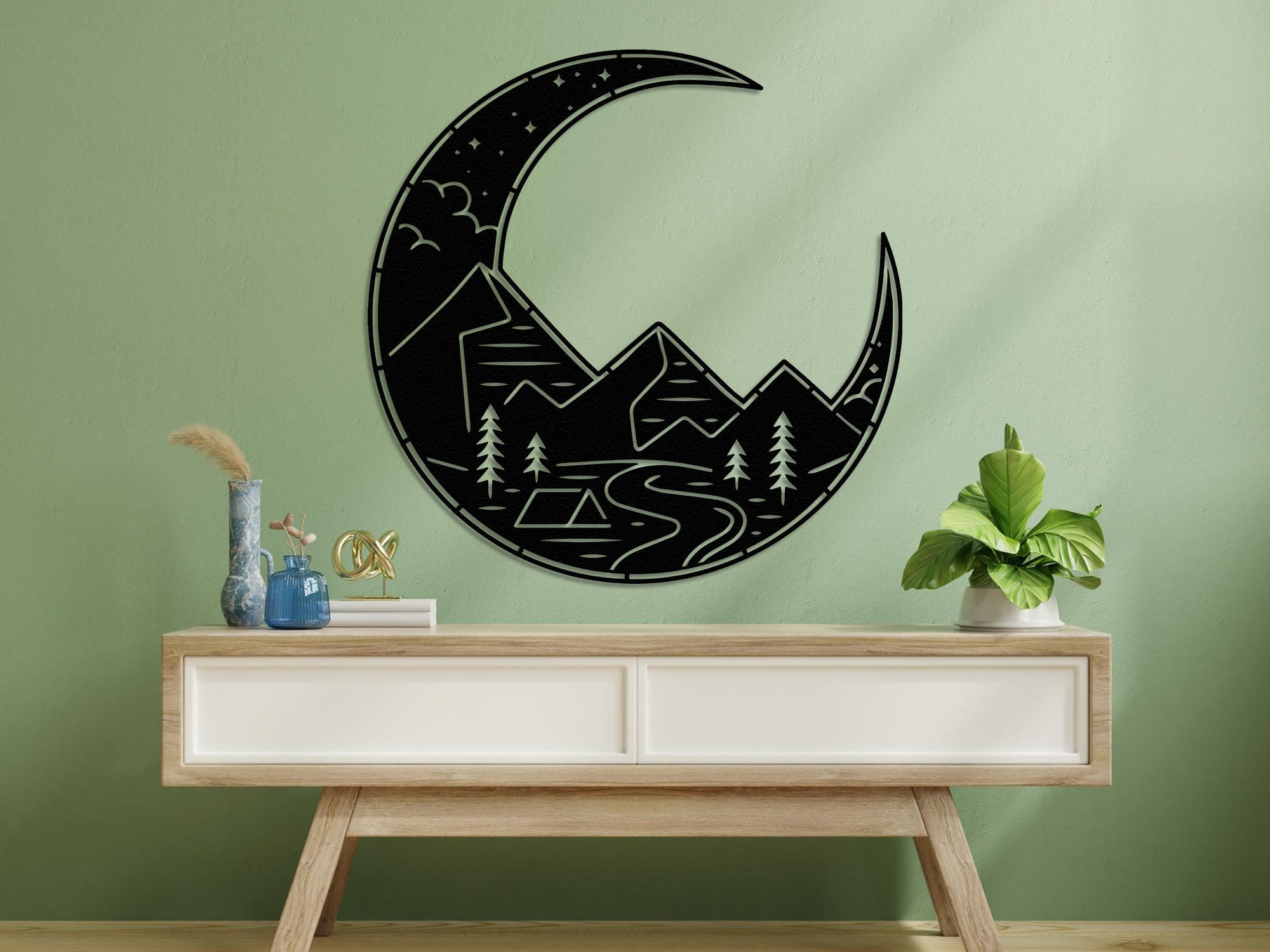 Moon Crescent Metal Wall Art, Mountain Forest Decor, Modern Metal ...