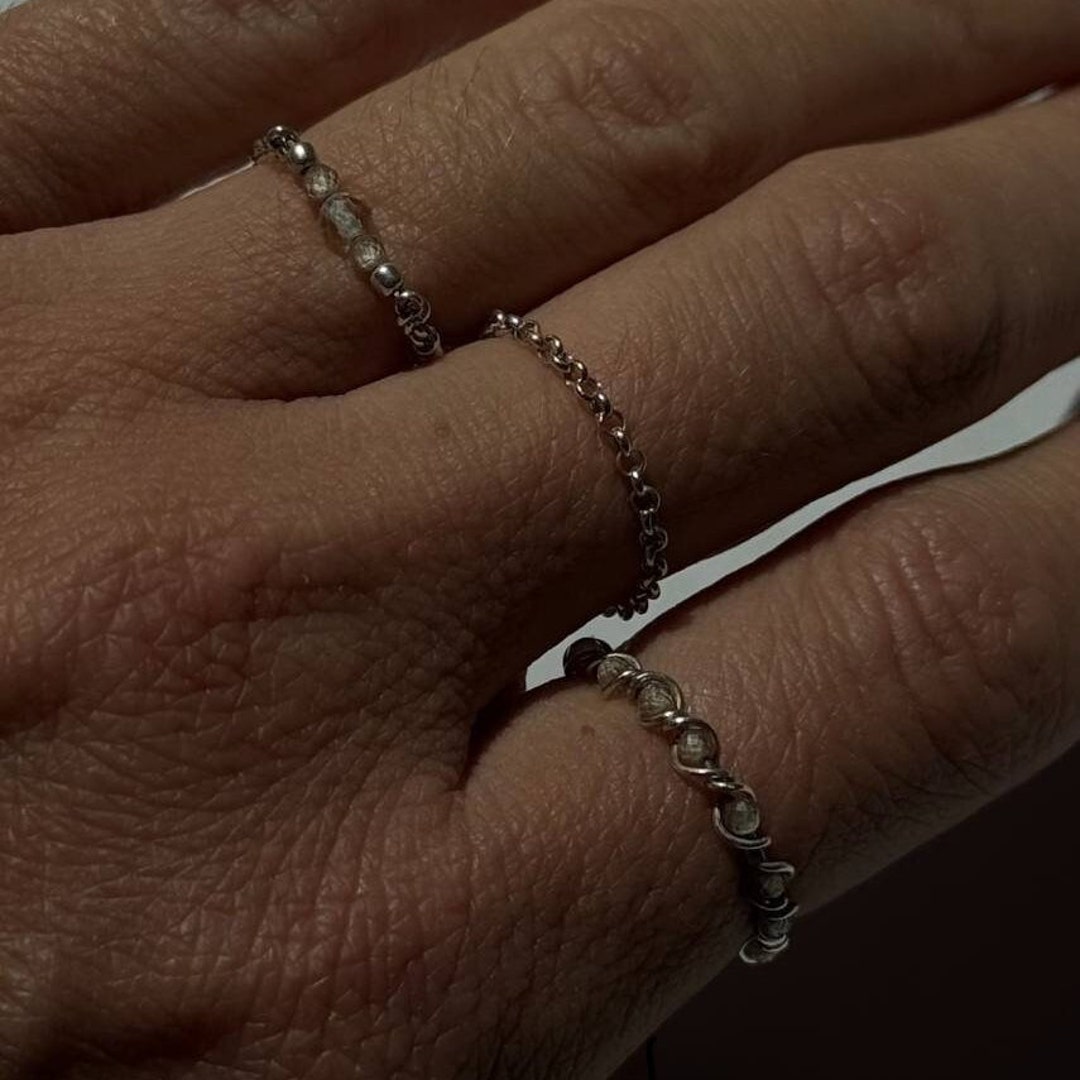 Set of Three Silver Chain Rings With Zircon Gemstones, Silver Jewelry ...