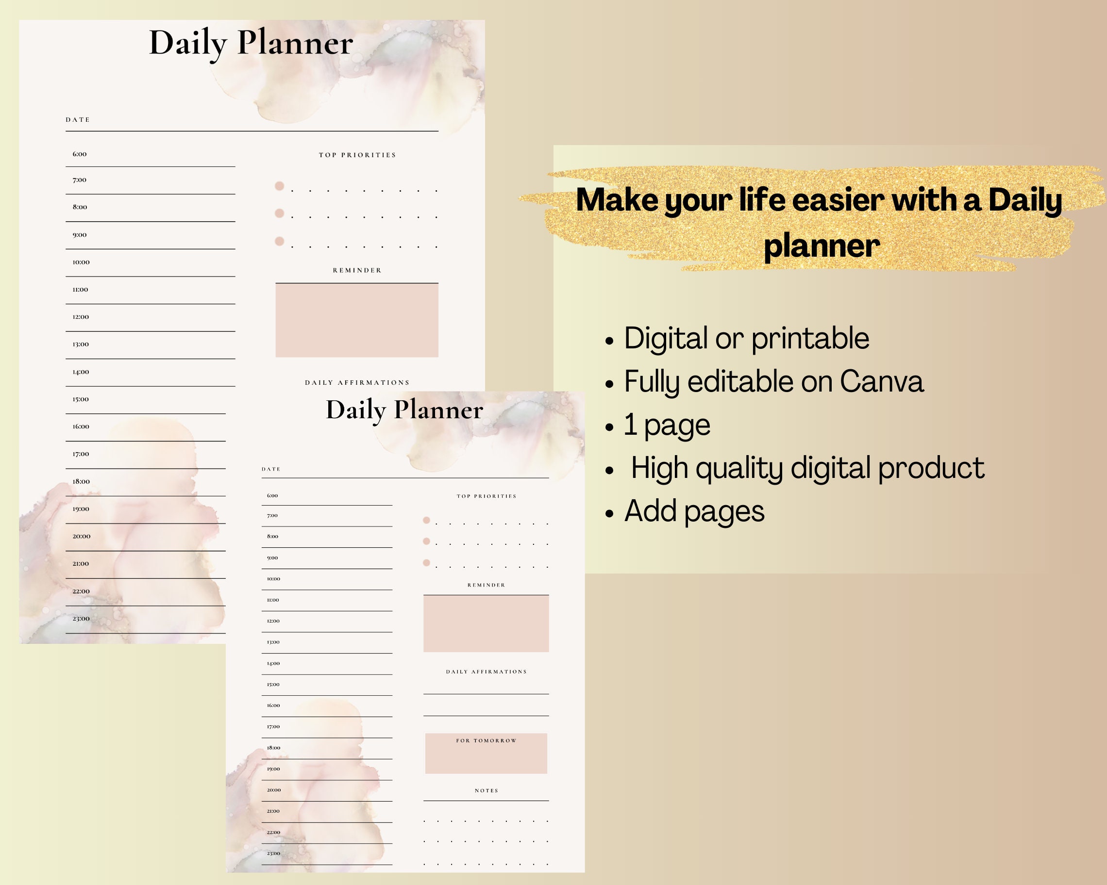 Daily Planner & Priorities List Reminder, Daily Affirmations Watercolor ...