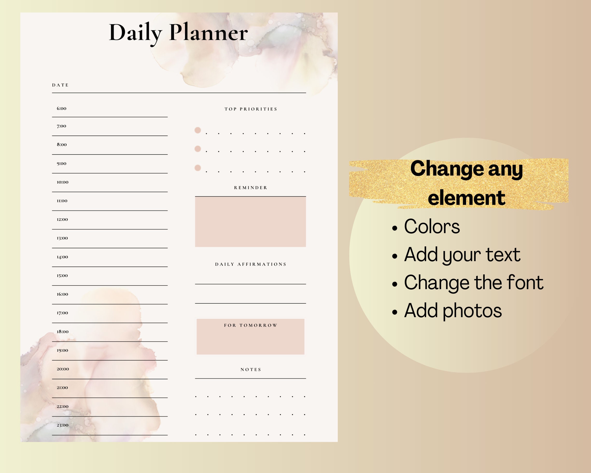 Daily Planner & Priorities List Reminder, Daily Affirmations Watercolor ...