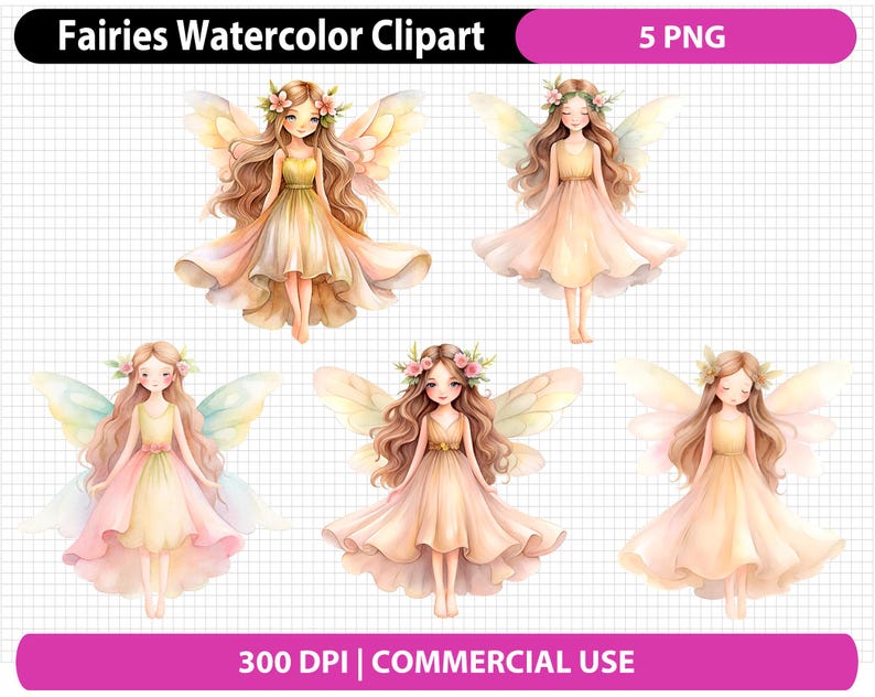 5 Cute Fairies Watercolor Clipart PNG Digital Download | Fairy Birthday ...