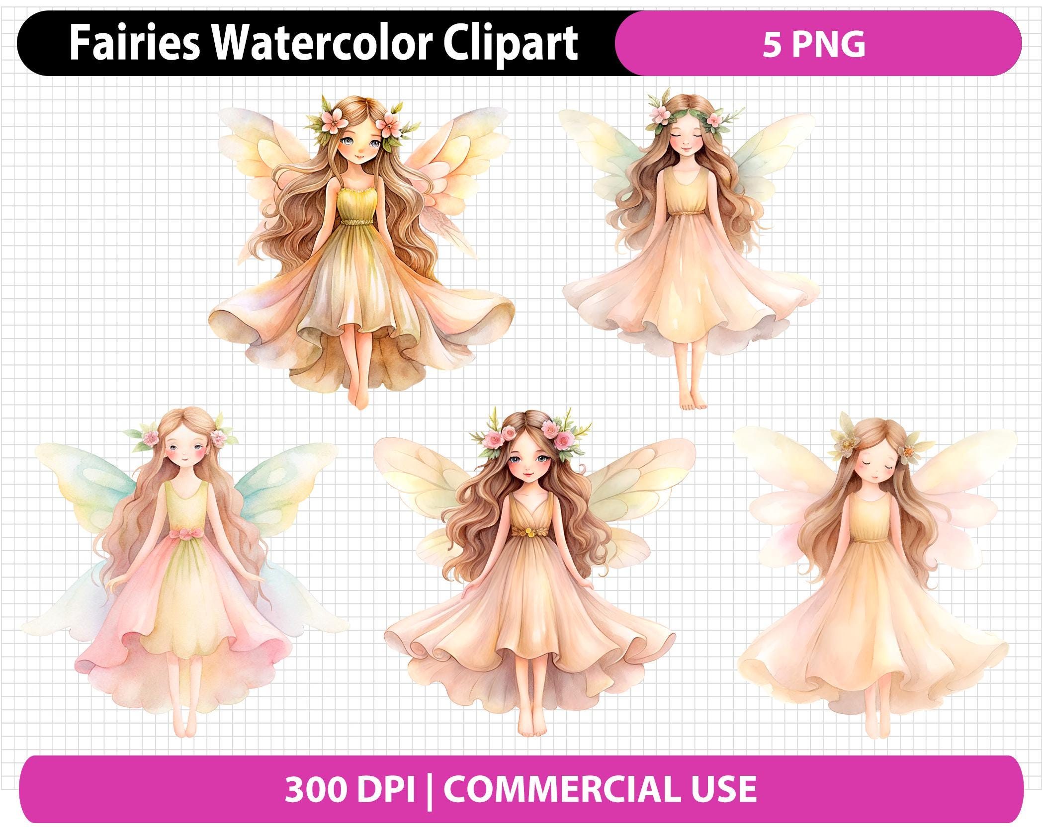 5 Cute Fairies Watercolor Clipart PNG Digital Download | Fairy Birthday ...