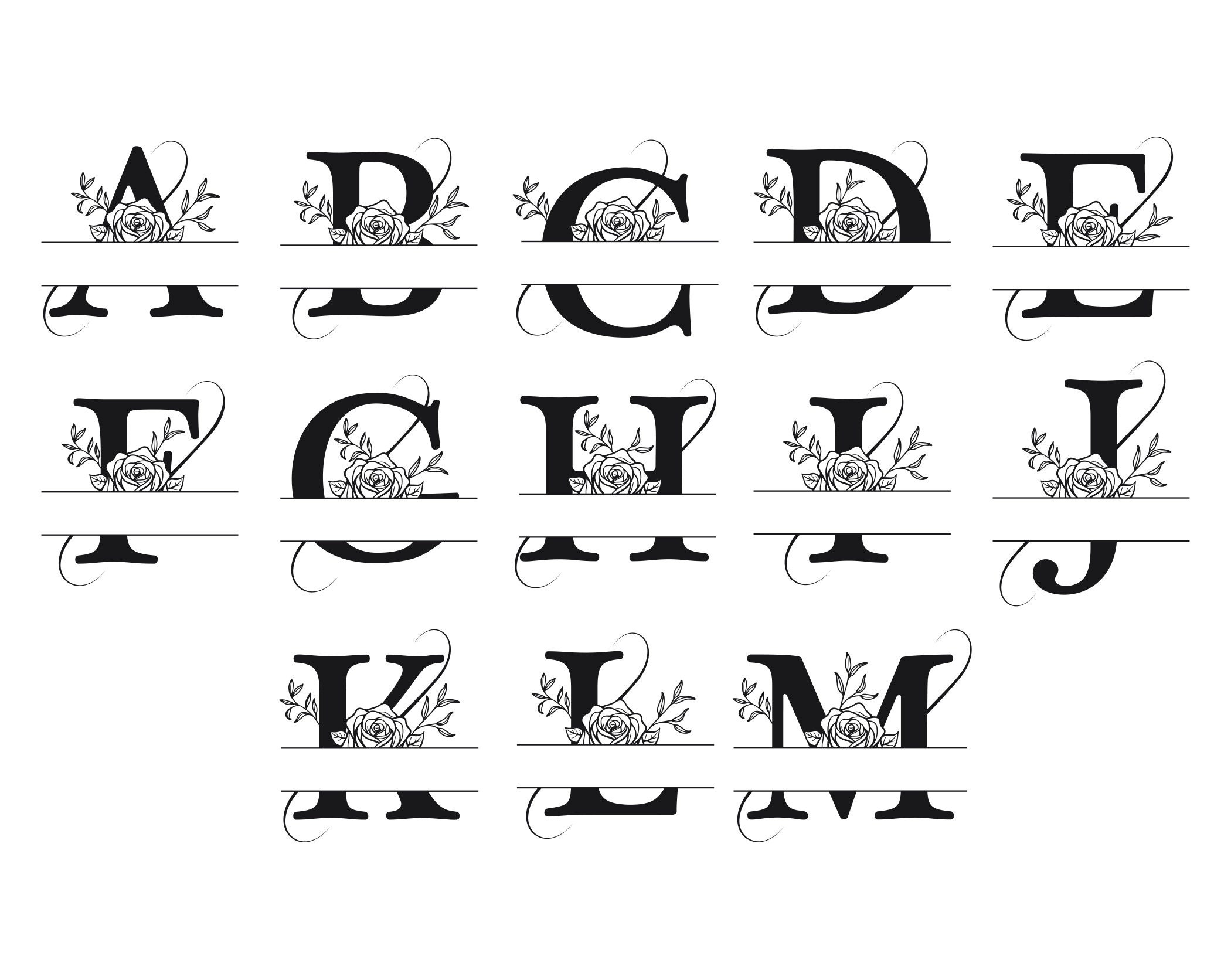 Floral Split Monogram Svg, Jpg, Png, Dxf, Flower Monogram Clipart ...