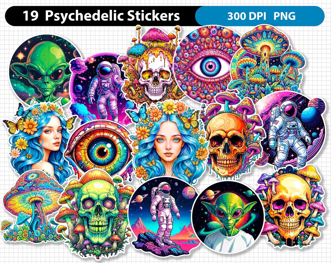 Psychedelic Stickers Set With Colorful Skulls, Mushrooms, Aliens, and ...
