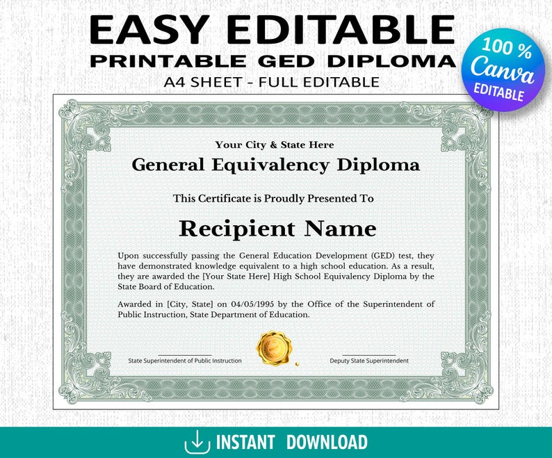 School Equivalency Diploma, Printable GED Diploma Template, High School ...