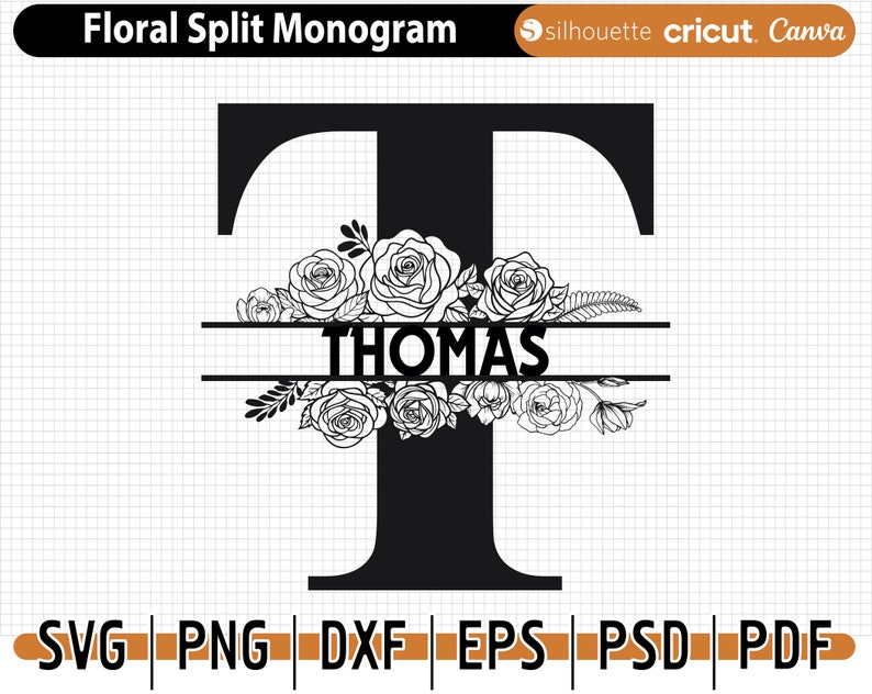 Floral Split Monogram Svg, Jpg, Png, Dxf, Flower Monogram Clipart ...