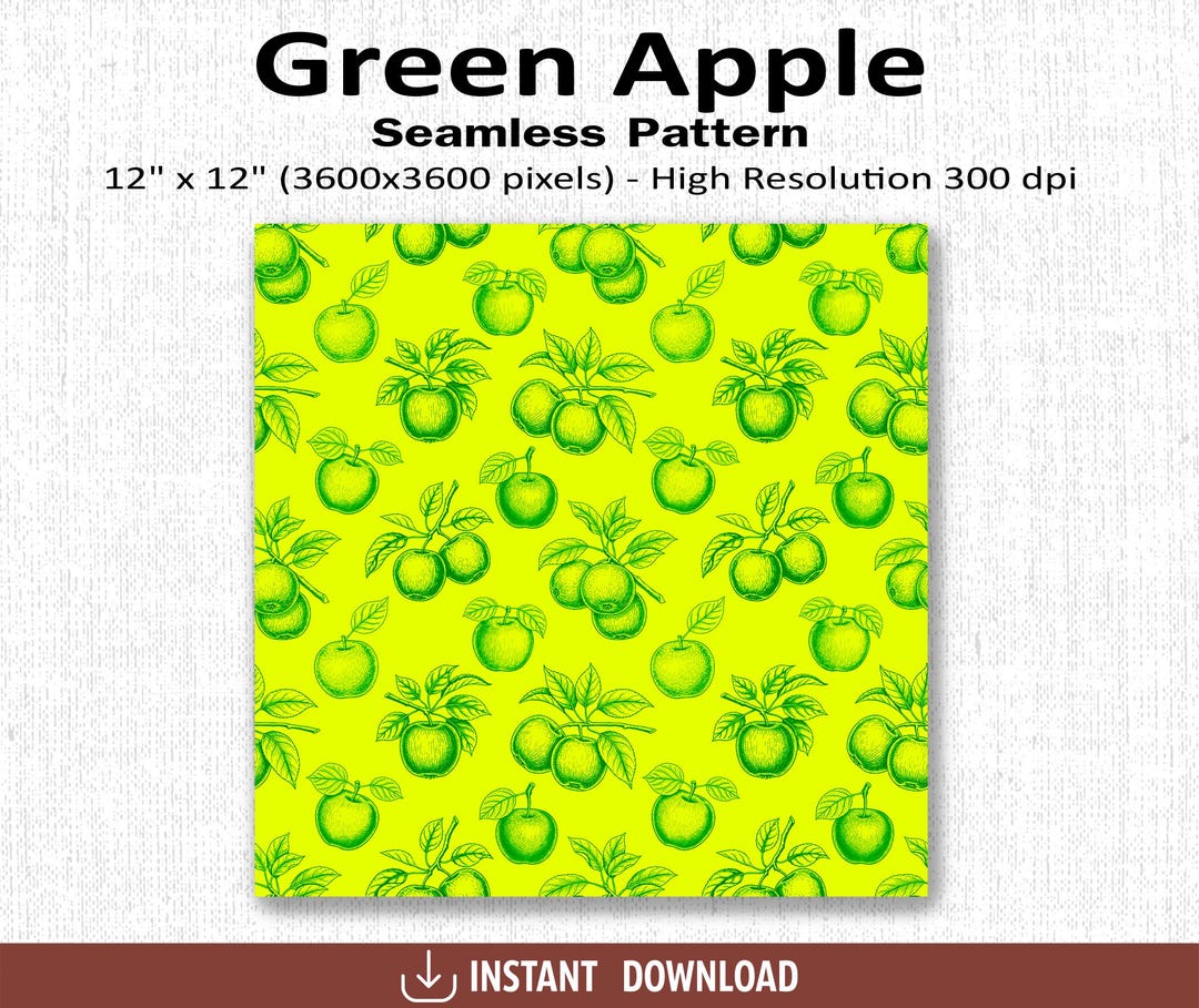 Green Apple Seamless Pattern, Hand Drawn Fruit Digital Paper, Printable ...