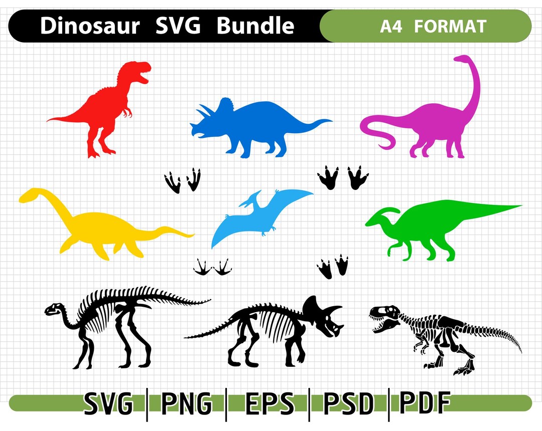 Clipart Set Featuring Dinosaurs, Their Skeletons, Footprints, and Other ...
