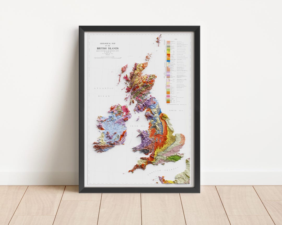 British Isles Vintage Geology Map - Topographic Relief Map of Britain ...