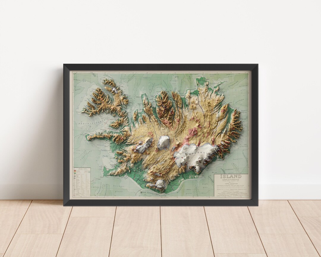 Iceland Vintage Shaded Relief Map - Topographic Relief Map of Iceland ...