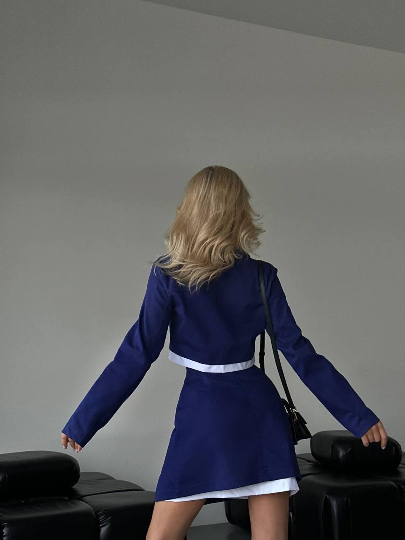 Classic Suit Denim Suit With a Cropped Jacket Featuring a White Hem ...