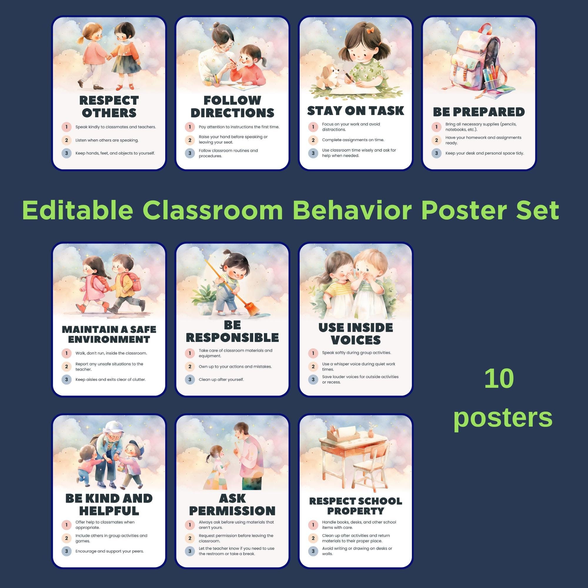 Editable Classroom Behavior Poster Set Printable 10-poster Bundle ...