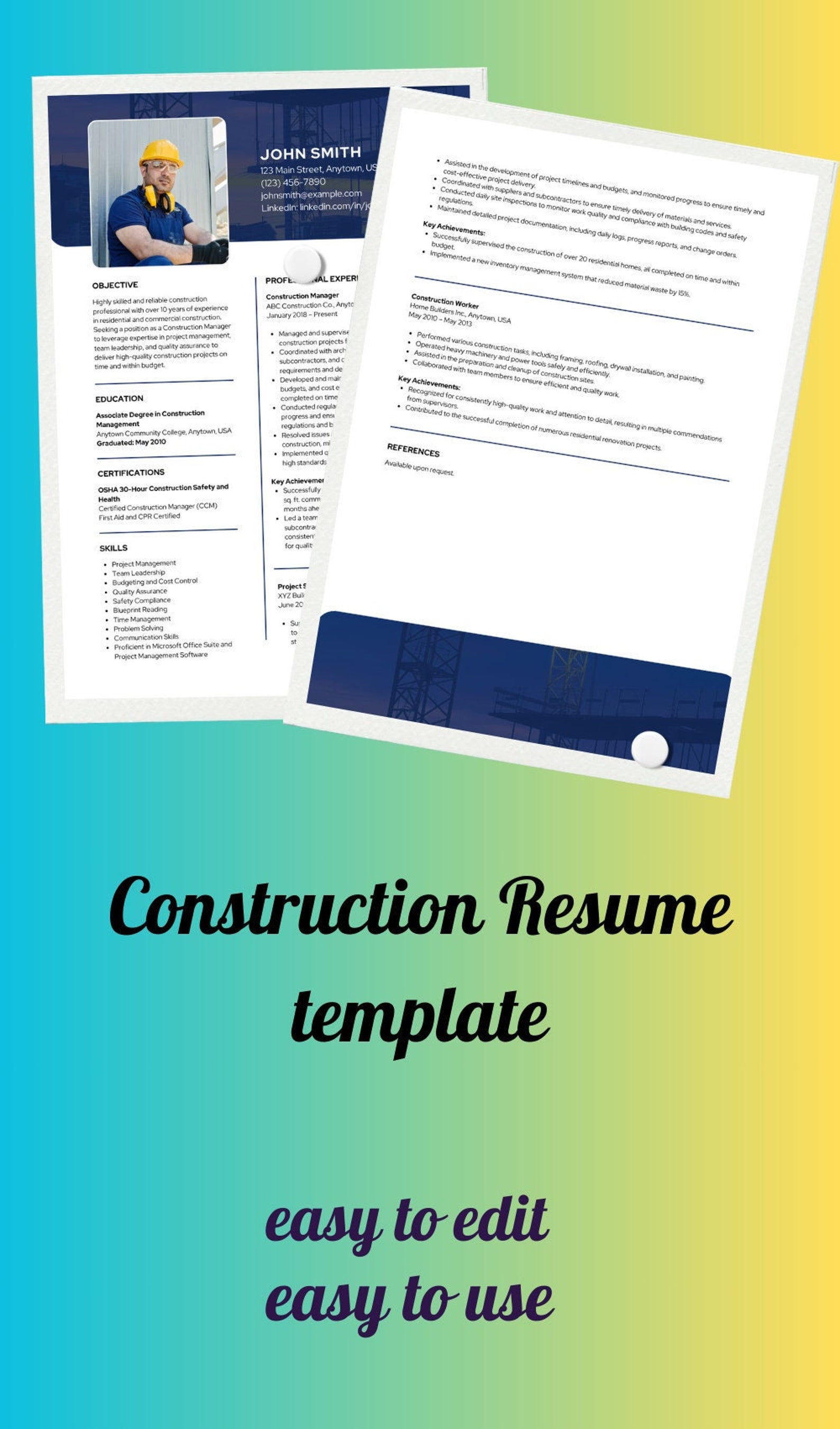 Professional Construction Resume Template Easy to Edit and Use - Etsy