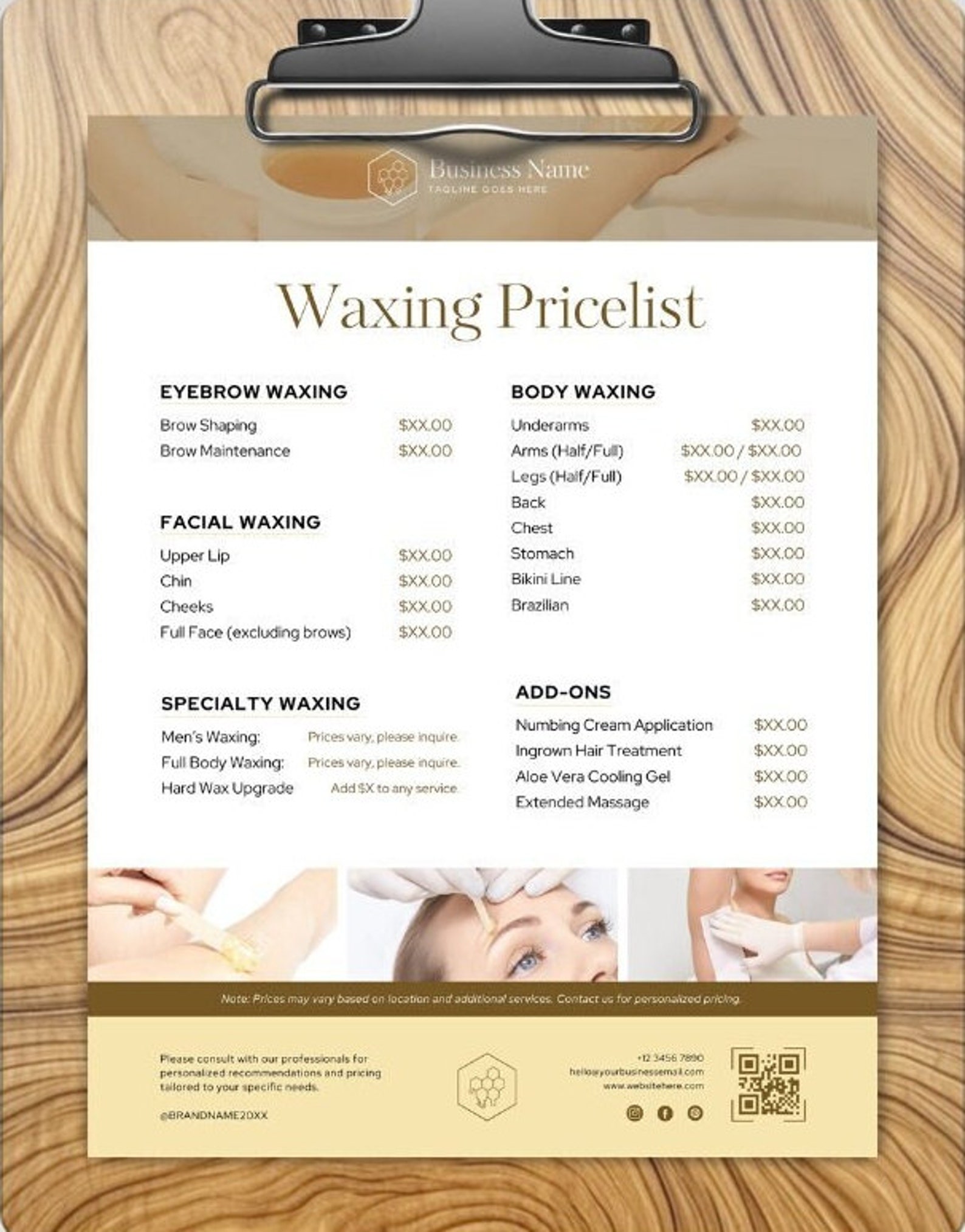 Waxing Price List Template, Editable and Printable Spa Service Menu ...