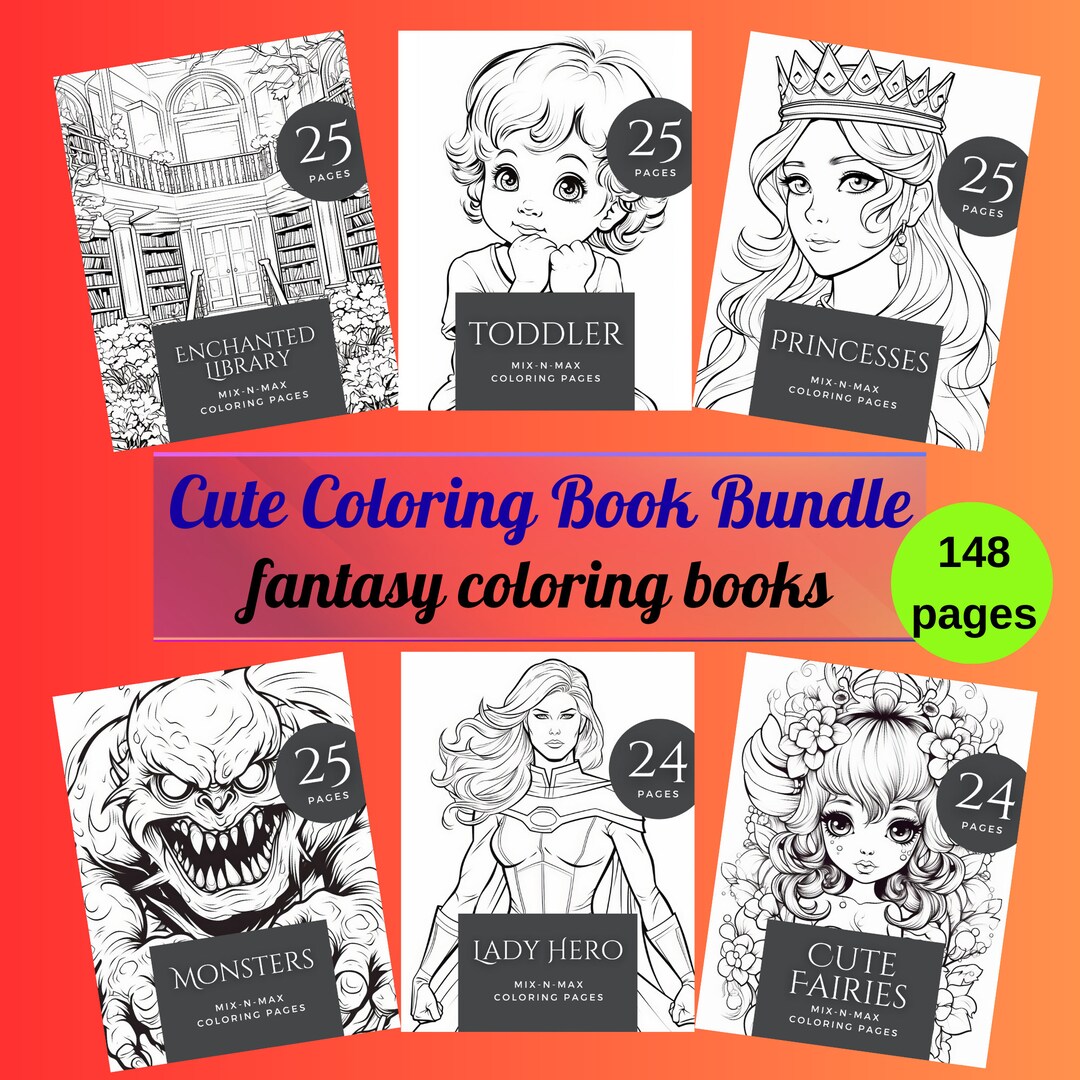 Fantasy Coloring Book Bundle Cute Printable Coloring Books, 148 Pages ...