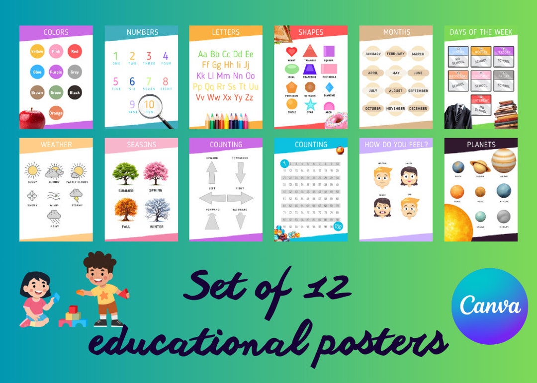 Set of 12 Educational Posters, Engaging Visual Aids for Homeschooling ...