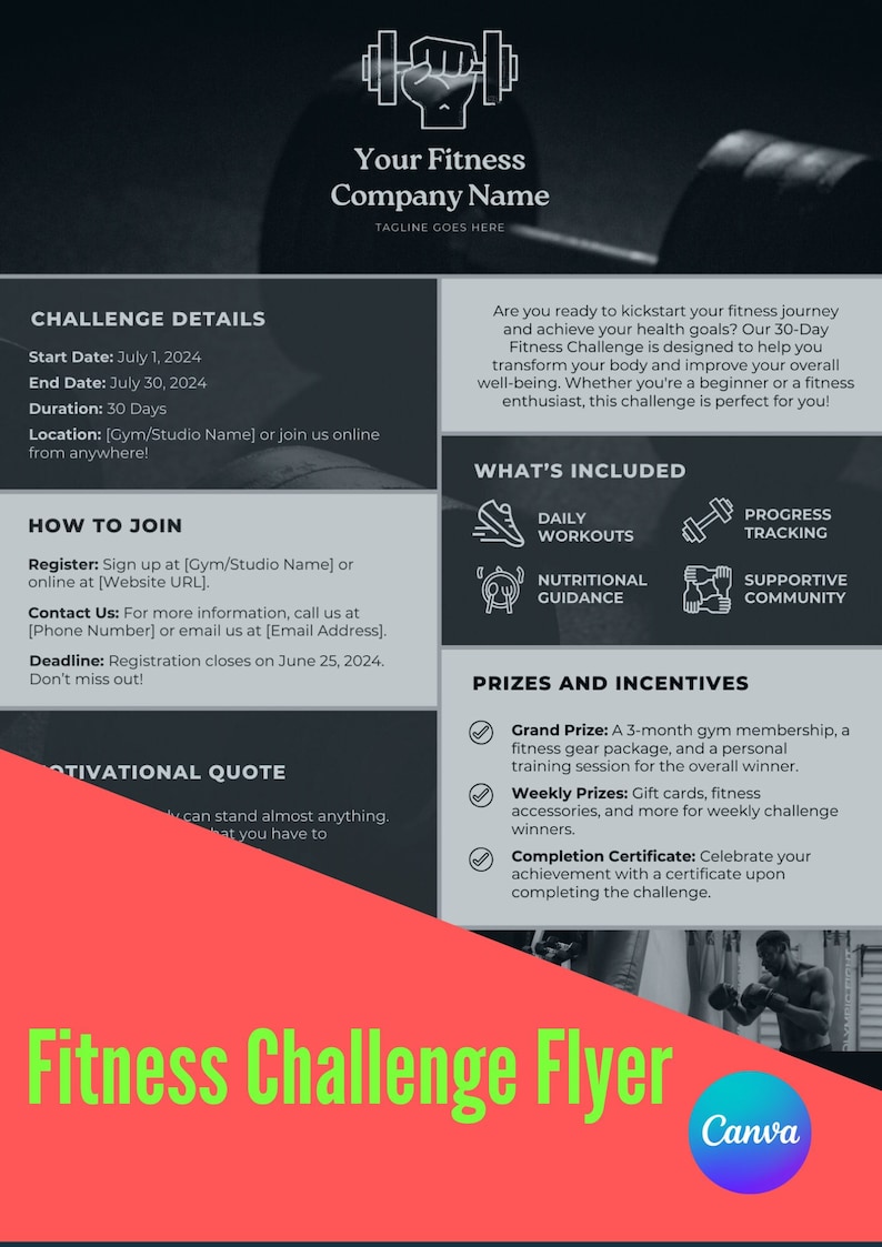 Printable Fitness Challenge Flyer, Customizable Workout Tracker, Ideal ...