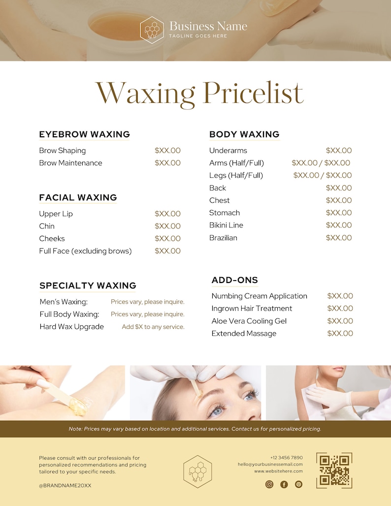 Waxing Price List Template, Editable and Printable Spa Service Menu ...