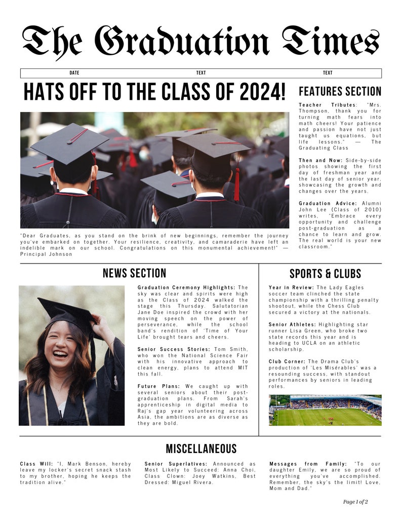 Editable Graduation Newspaper Template, High-quality Digital Download ...