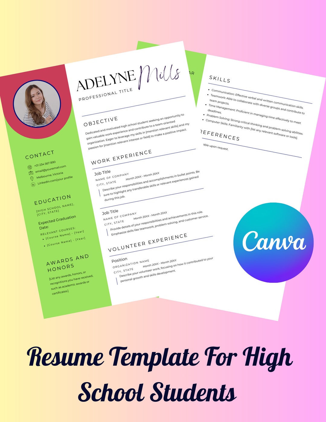 Resume Template for High School Students, Professional Editable CV ...