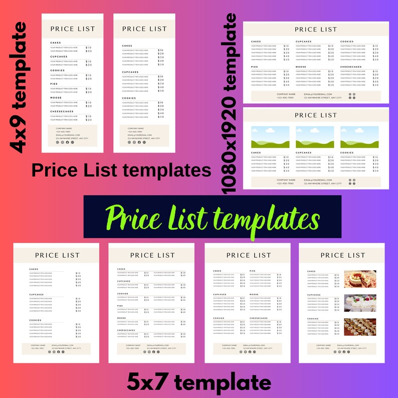 Printable Price List Templates, 4x9, 1080x1920, 5x7, Editable Designs ...