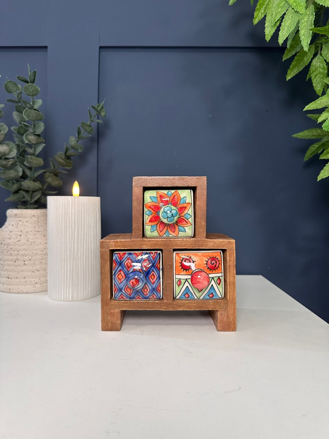 Mango Wood Trinket Mini Storage Box Drawer Trinket Box 3 X Hand Painted ...