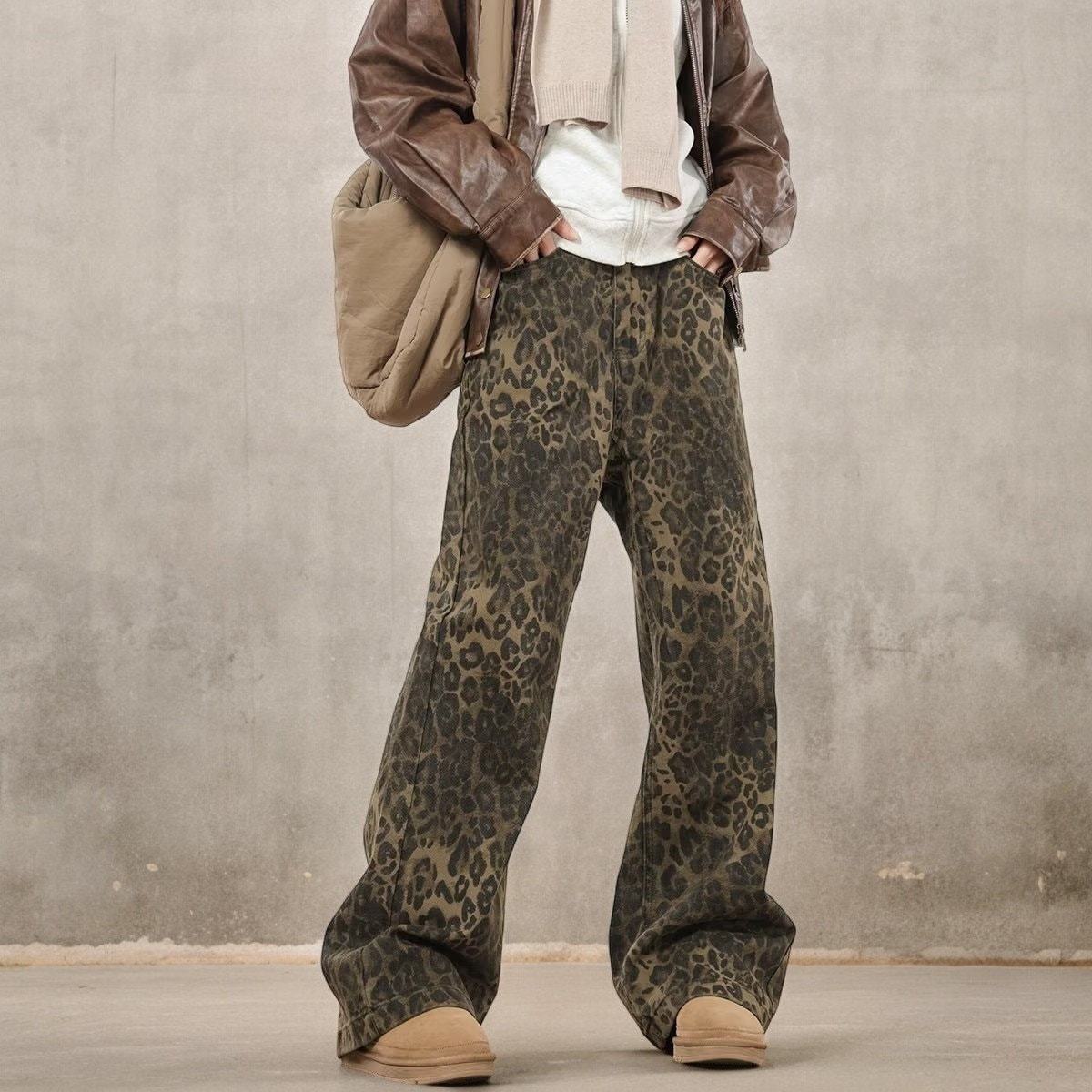 Leopard Print Stacked Baggy Pants, Y2k Stacked Pants, Wide Leg Leopard ...