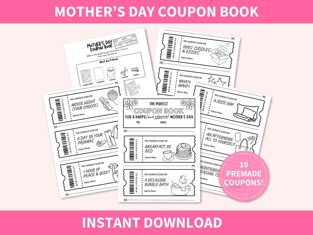 Mother's Day Coloring Coupon Book, Printable Mother's Day Coupon, Last ...