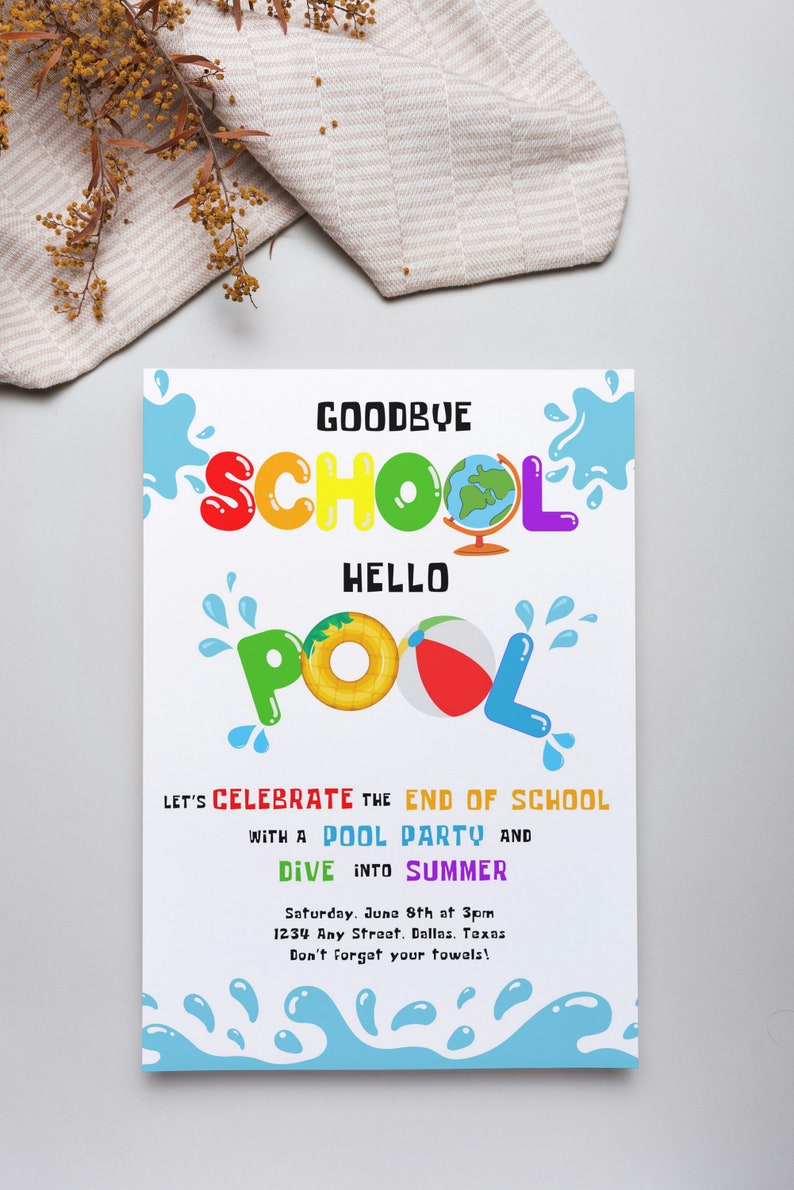 Summer Pool Party Invitation TEMPLATE, EDITABLE Goodbye School Hello ...