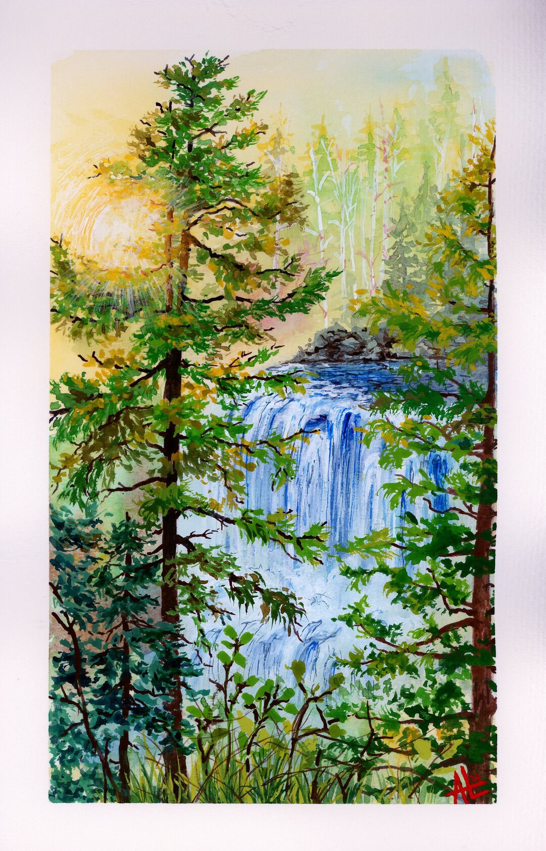 Original Watercolor Art Print, Waterfall Landscape, 5x7 - Etsy