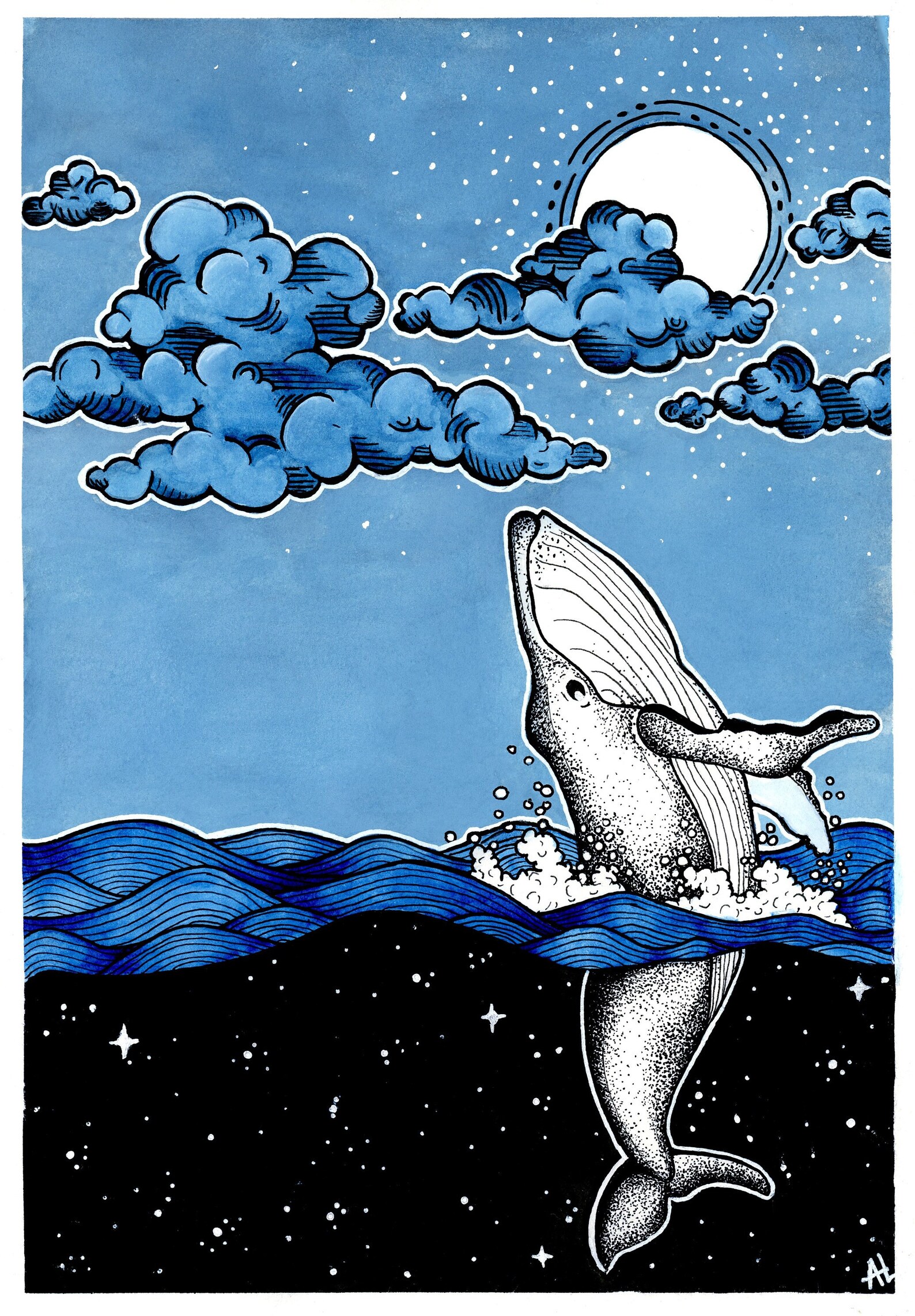 Original Watercolor and Ink Illustration, Print, Space Whale, 7x10 - Etsy
