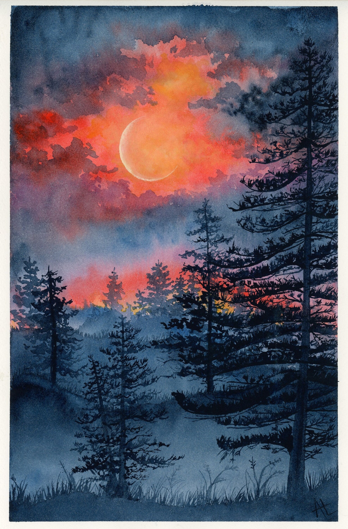 Original Watercolor Art Print, Moonlight Forest, 8x12 - Etsy