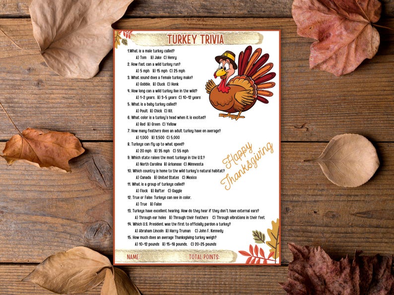 Turkey Trivia Game- Thanksgiving Printable Dinner Table Game, Fall ...