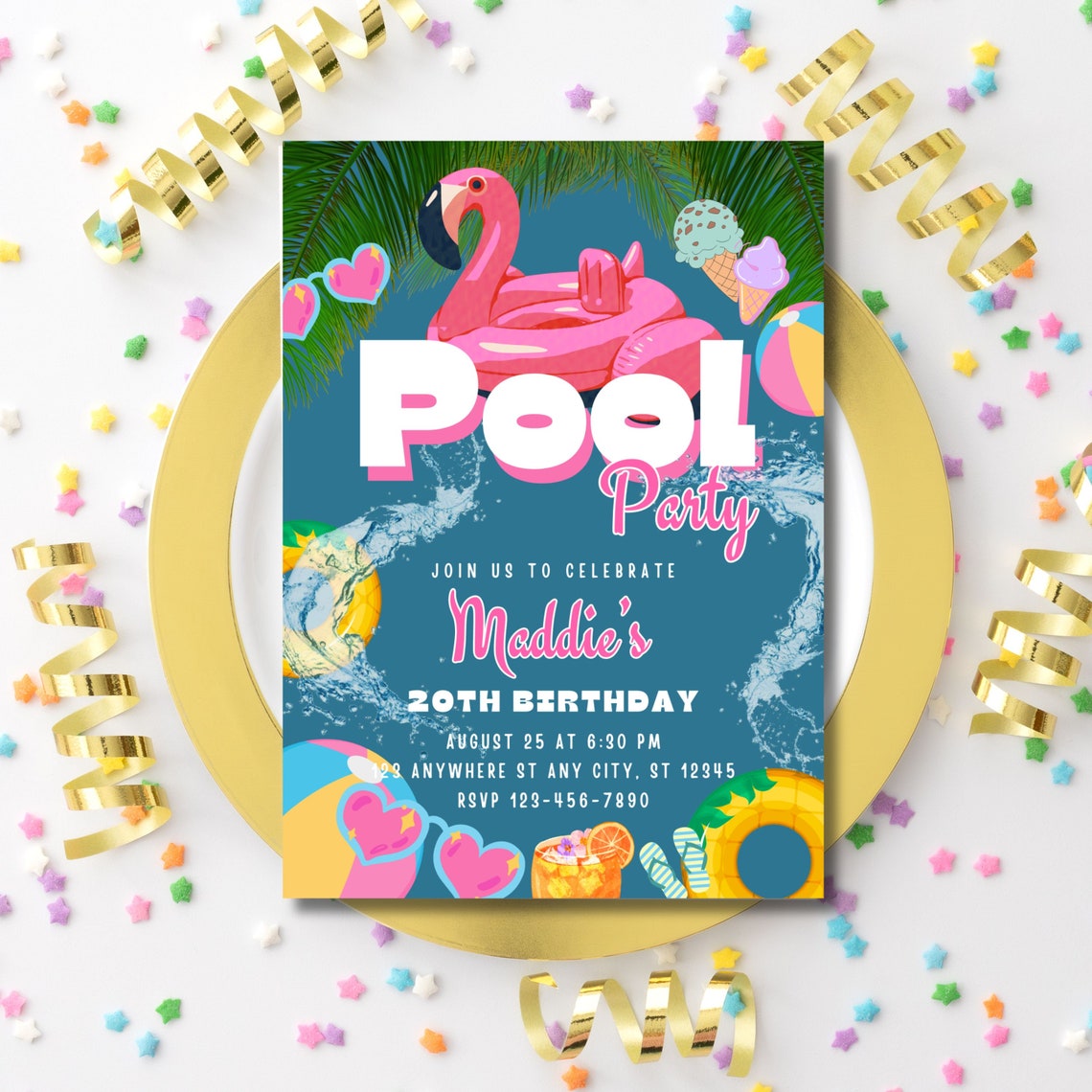 Birthday Poolside Invitation Template Editable Tropical Pool Party Text ...