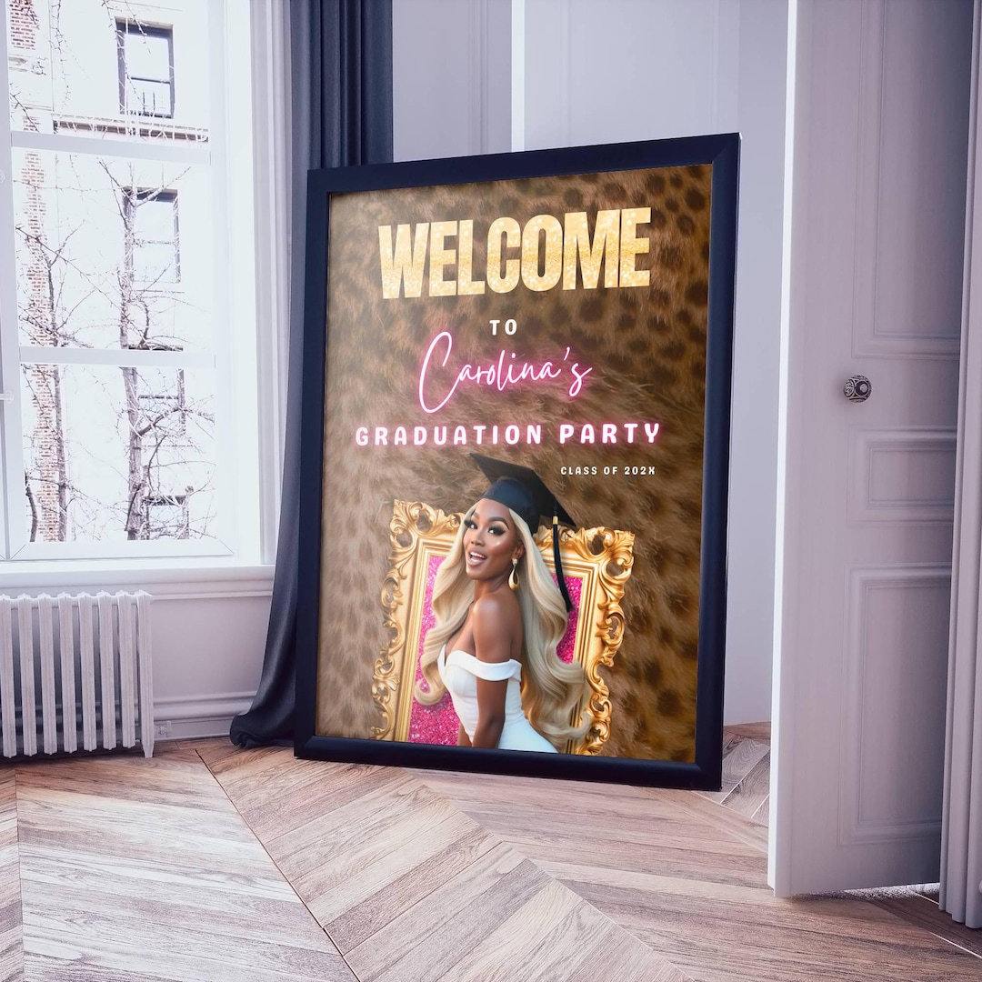Cheetah Print Graduation Welcome Sign With Photo- Editable Leopard Gold ...