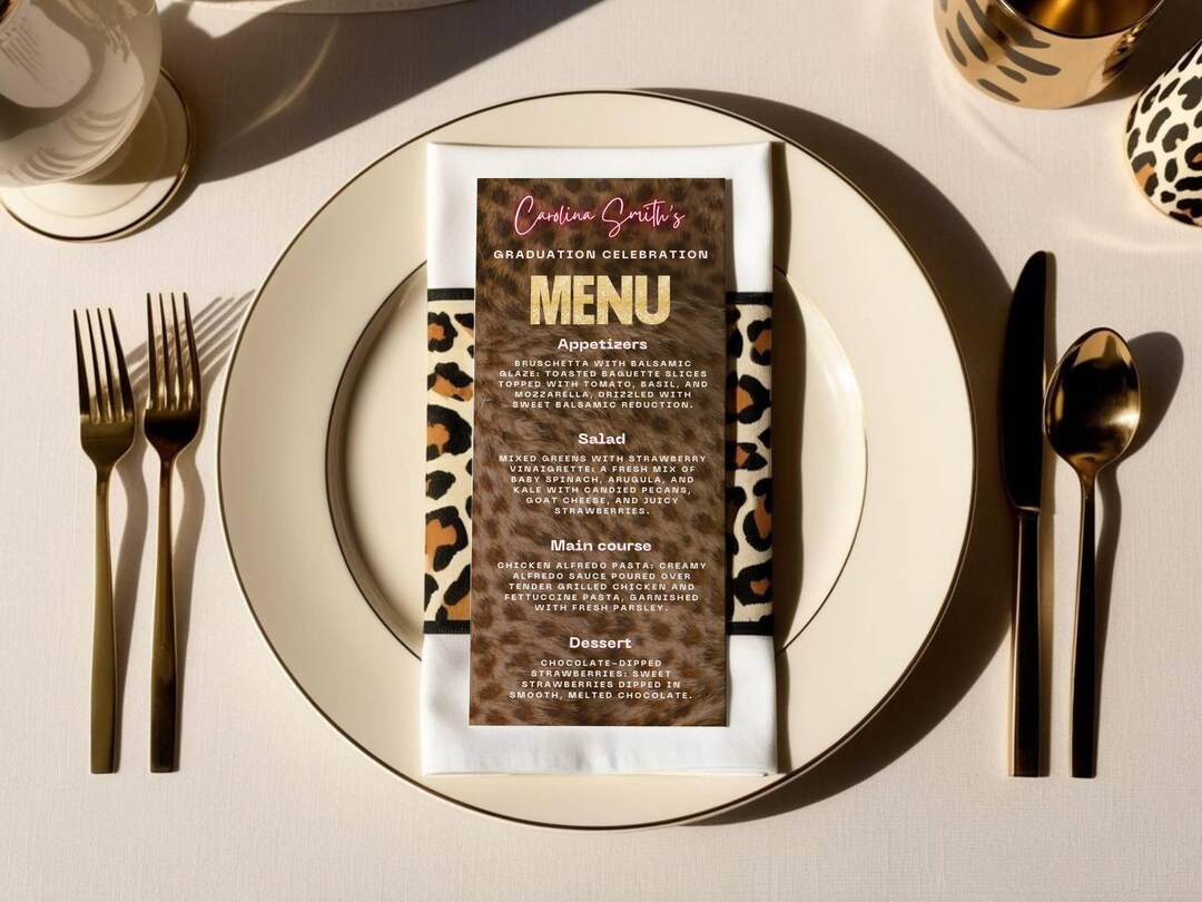 Cheetah Print Graduation Menu Canva Template- Editable Leopard Gold ...