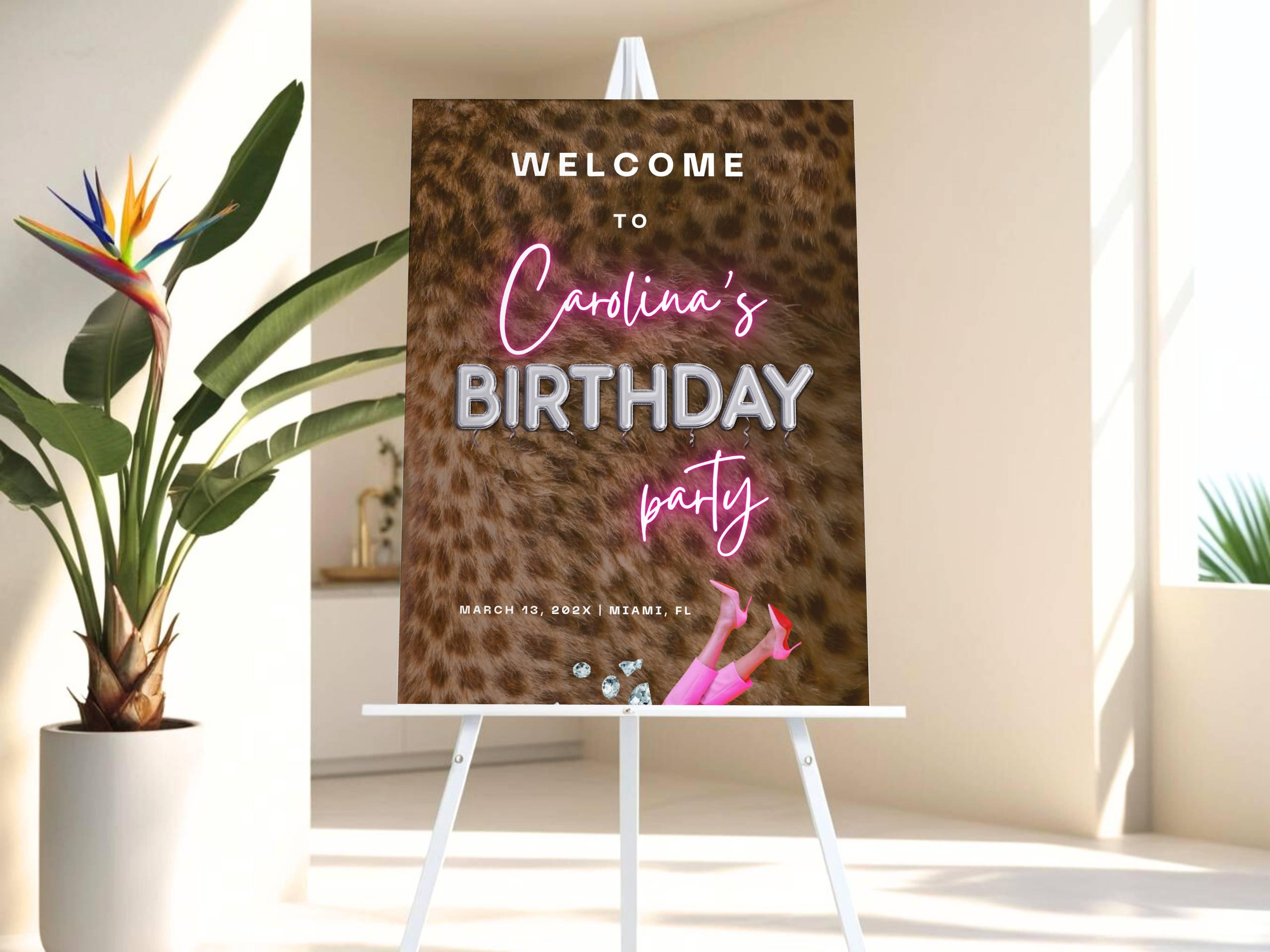 Cheetah Print Birthday Welcome Sign- Editable Leopard Pink Board, Girls ...